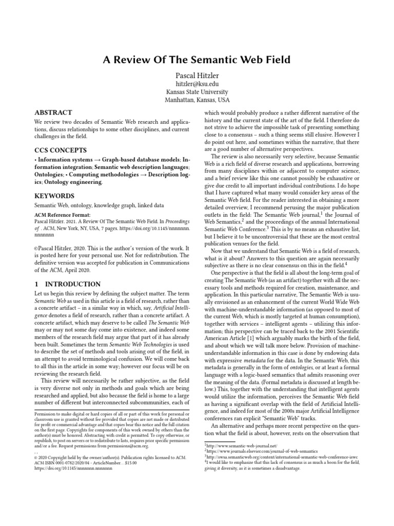 A Review Of The Semantic Web Field Pdf Resource Description Framework Semantic Web 0467