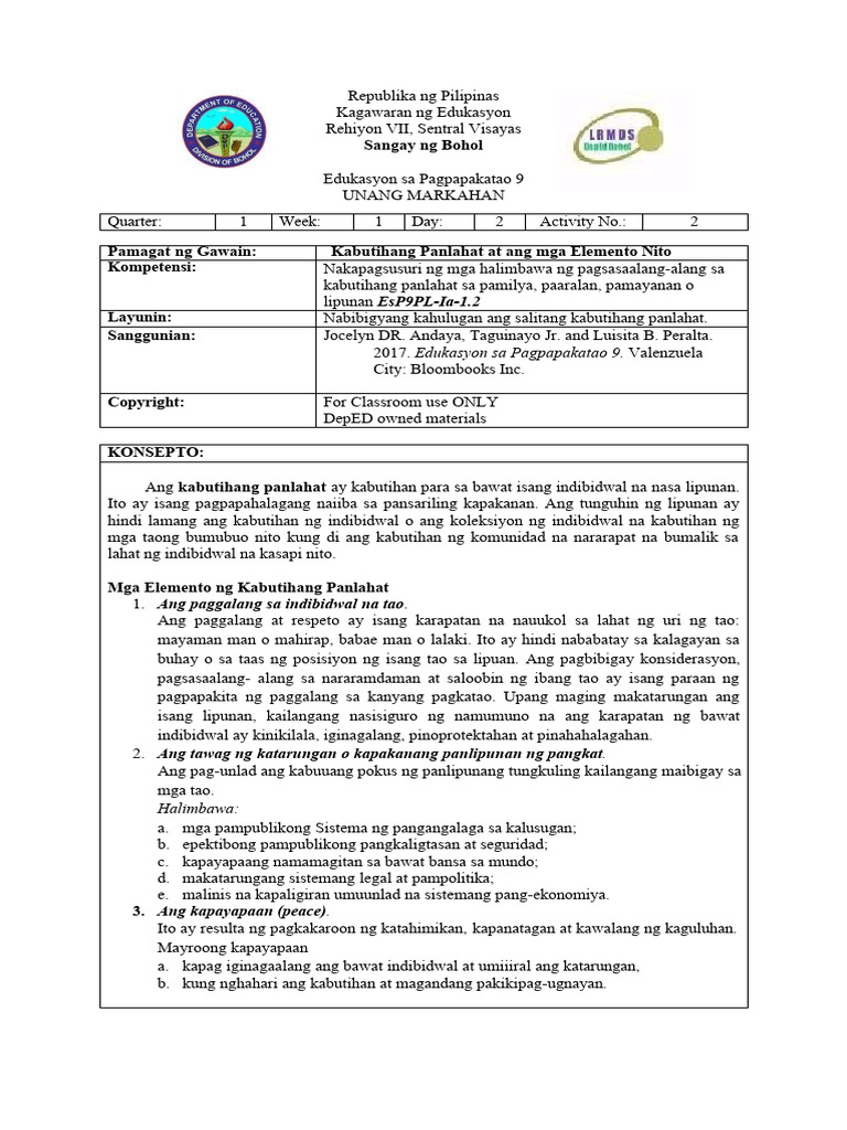 EsP9 Q1 Wk1 Day2 | PDF