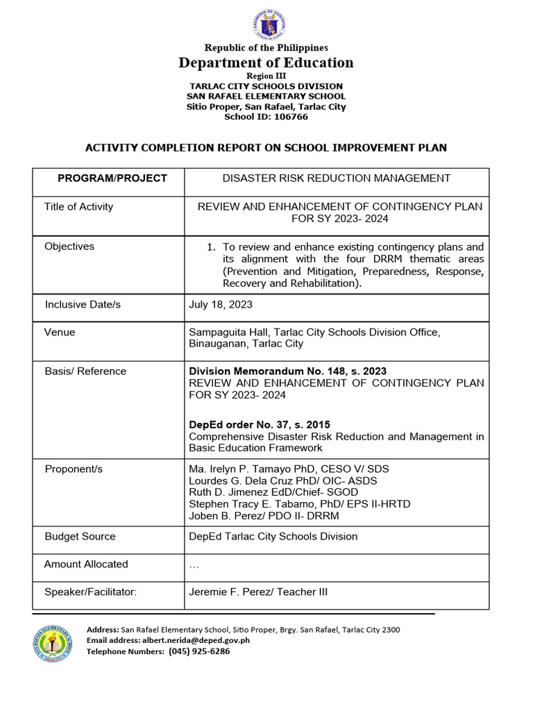 Acr DRRM Review and Enhancement of Contingency Plan For Sy 2023 - 2024 ...