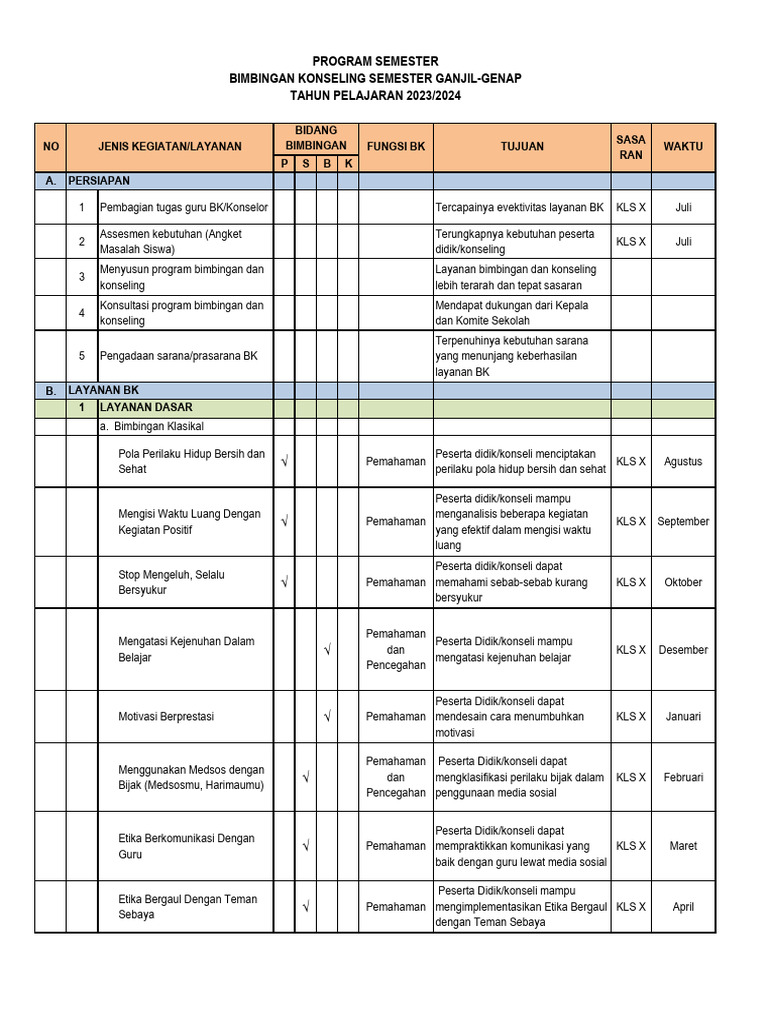 Prosem Bimbingan Dan Konseling BK Kelas 10 Tahun Ajaran 2023 2024 | PDF