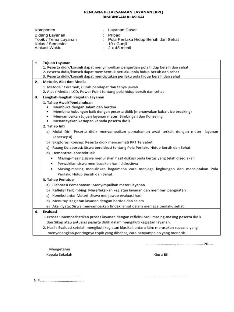 Rencana Pelaksanaan Layanan Tema Pola Hidup Sehat Kelas 10 Bimbingan Dan Konseling | PDF