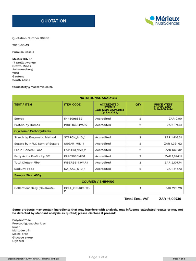 Quotation Number 30986 Master Rib Cc-2023-09-13-Nutritional Analysis | PDF