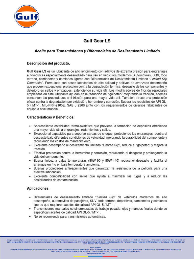 Gulf Gear LS SAE 80W 90 85W 140 90 API GL 5 MT 1 | PDF | Lubricante ...