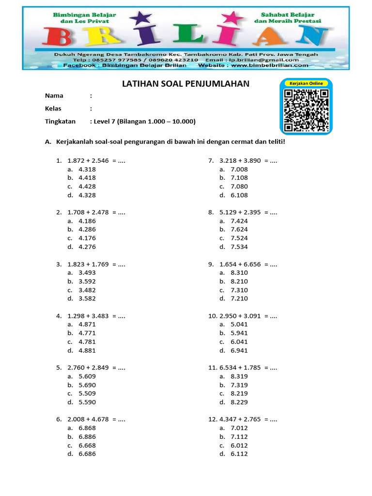 Soal Penjumlahan Level 7 (1000 - 10000) | PDF