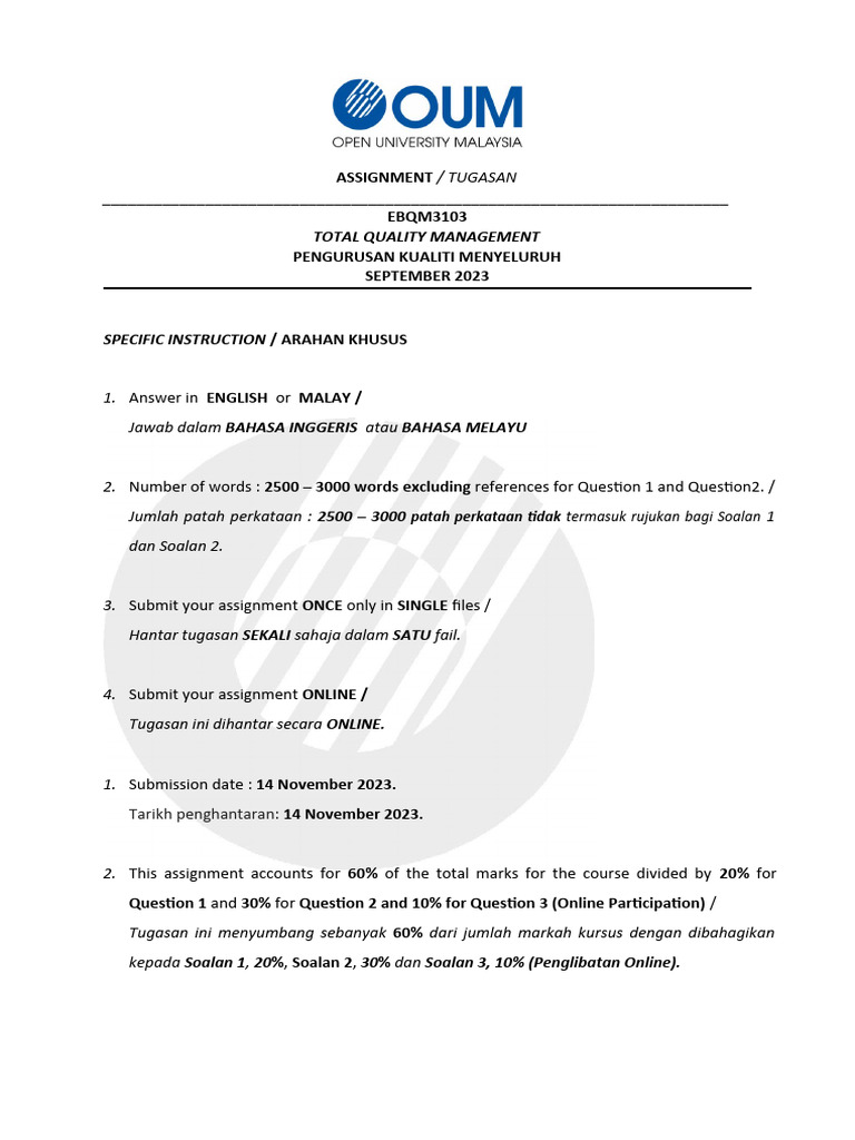 Assignment / Tugasan EBQM3103 Pengurusan Kualiti Menyeluruh September 2023 | PDF | Screenshot ...