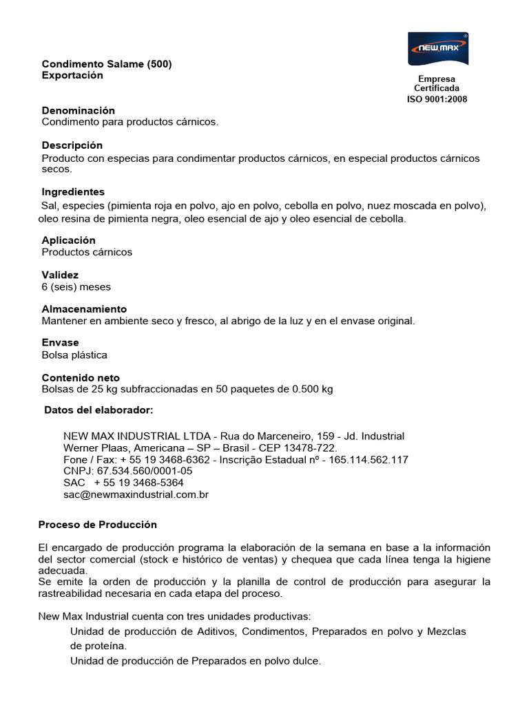 NEWMAX - Condim. Salame 500 | PDF