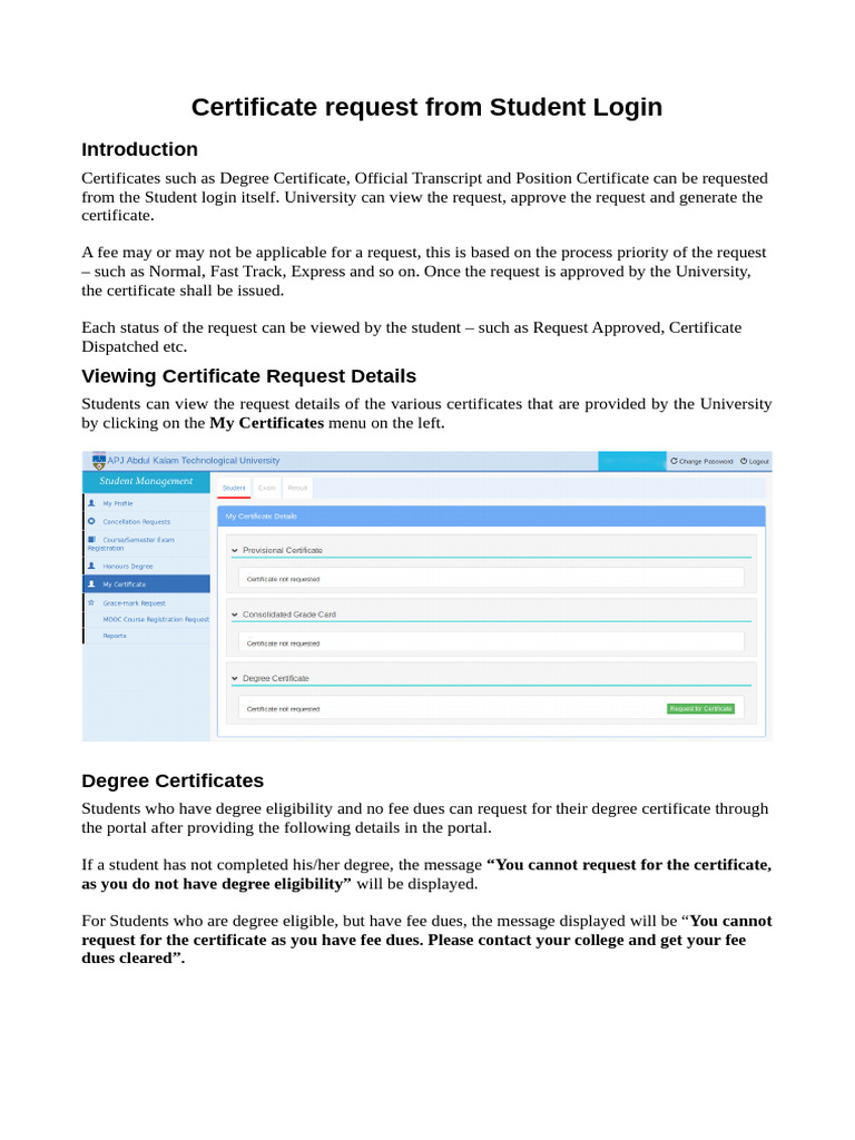 KTU CertificateRequest Student Help | PDF