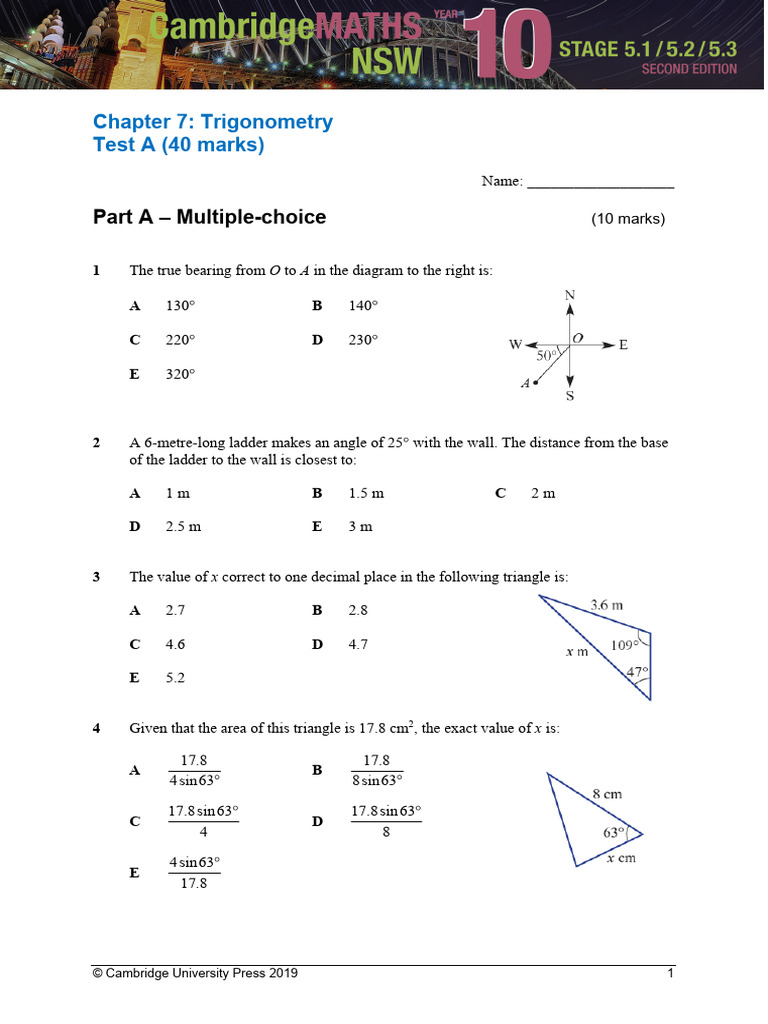 Chapter 7: Trigonometry Test A (40 Marks) : Part A - Multiple-Choice ...