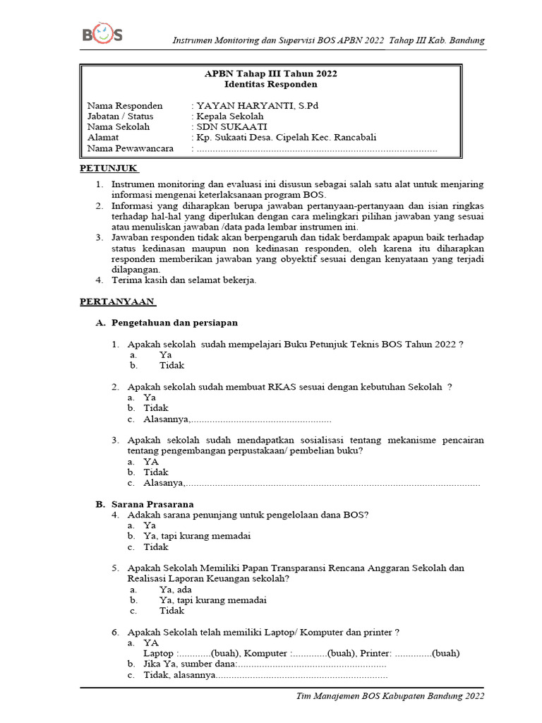 Instrumen BOS APBN Tahap III 2022 | PDF