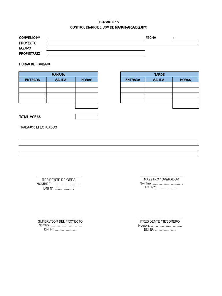Formato 16 - Control Diario de Uso de Maquinaria | PDF