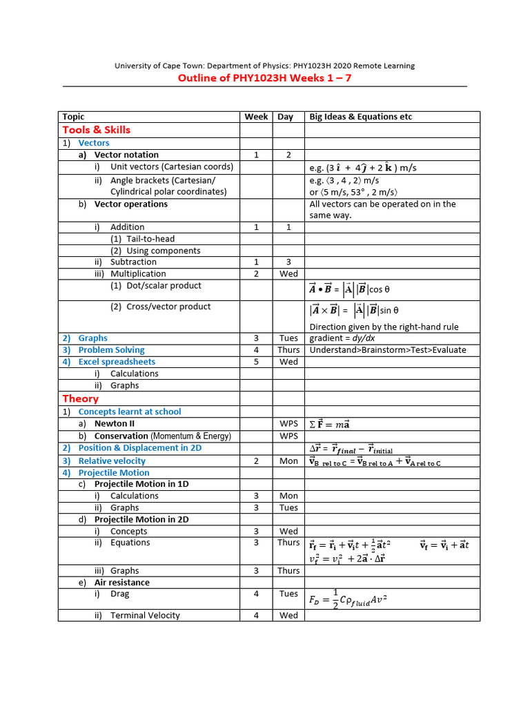 Outline PHY1023H Weeks 1-7 | PDF | Euclidean Vector | Motion (Physics)