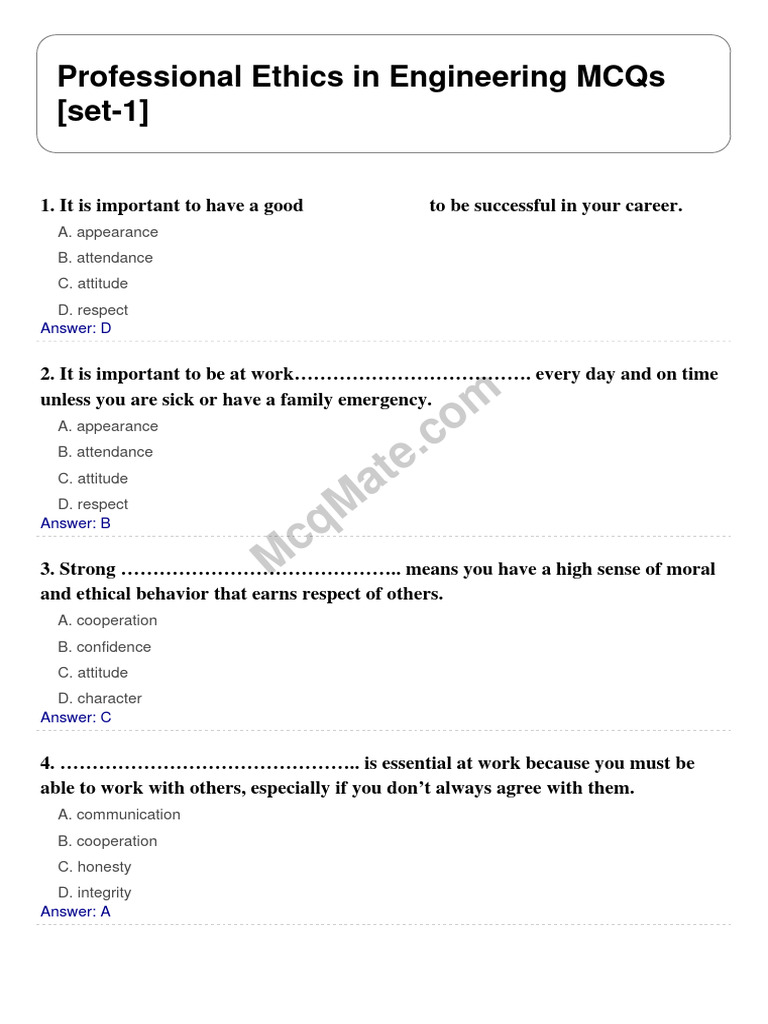 Professional Ethics MCQs for Engineers | PDF | Integrity ...