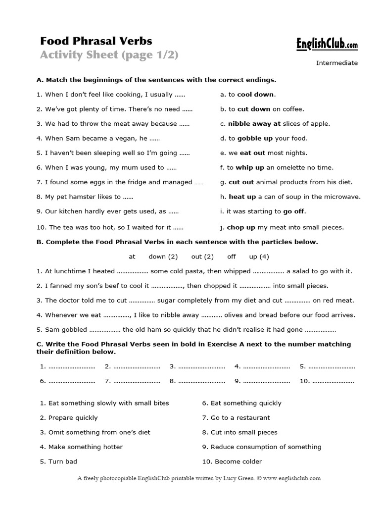 Food Phrasal Verbs Activity Sheet | PDF | Meal | Food And Drink