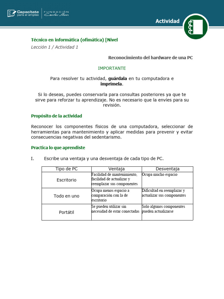 La Actividad 1 de Capacitate para El Empleo | PDF | Hardware de la ...