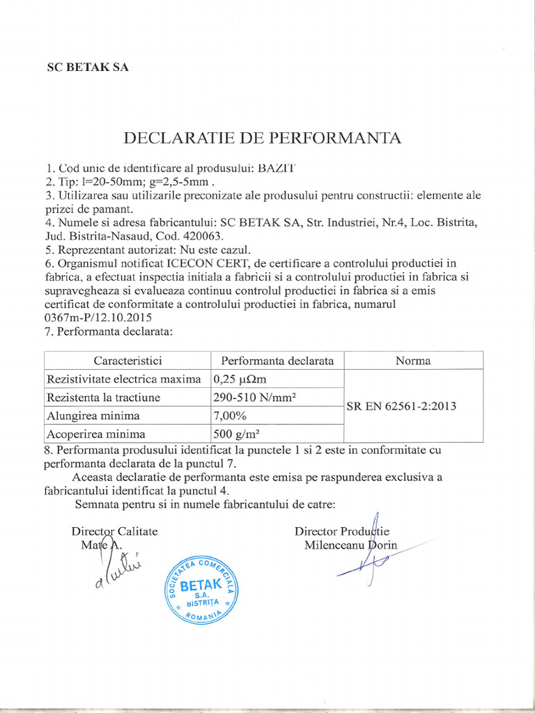 BETAK - Platbanda - Declaratie de Performanta | PDF