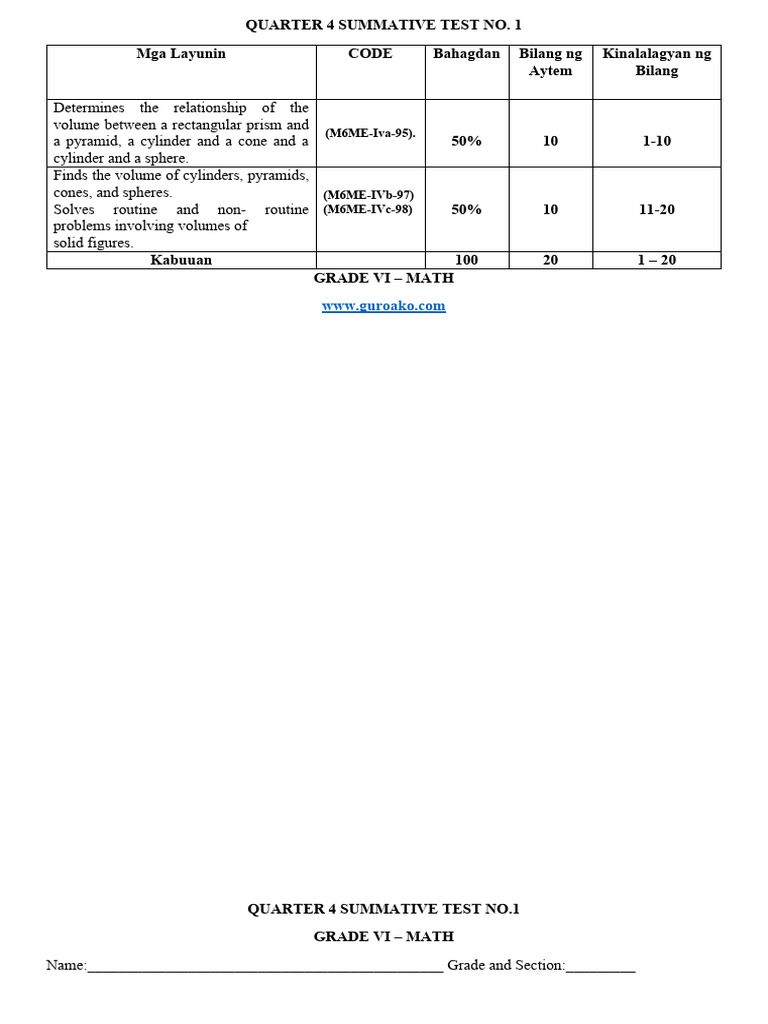 q4 ST 1 Gr.6 Math With Tos | PDF