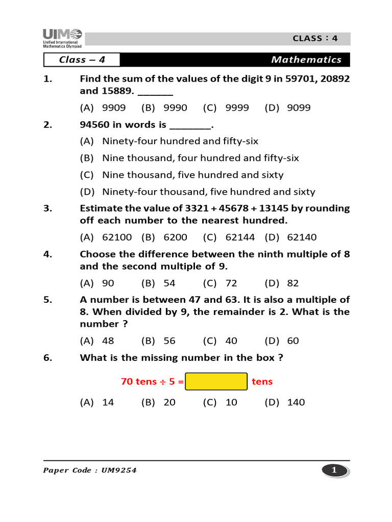 Class 4 Uimo-2022-Paper Um9254 | PDF