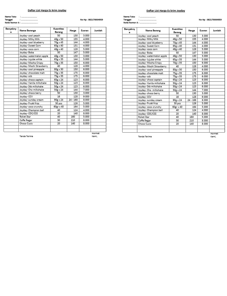 Daftar List Harga Es Krim Joyday | PDF
