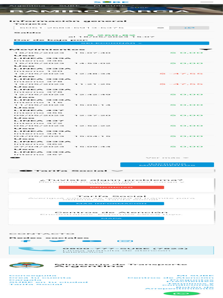 Detalles de Movimientos de Tarjeta SUBE | PDF
