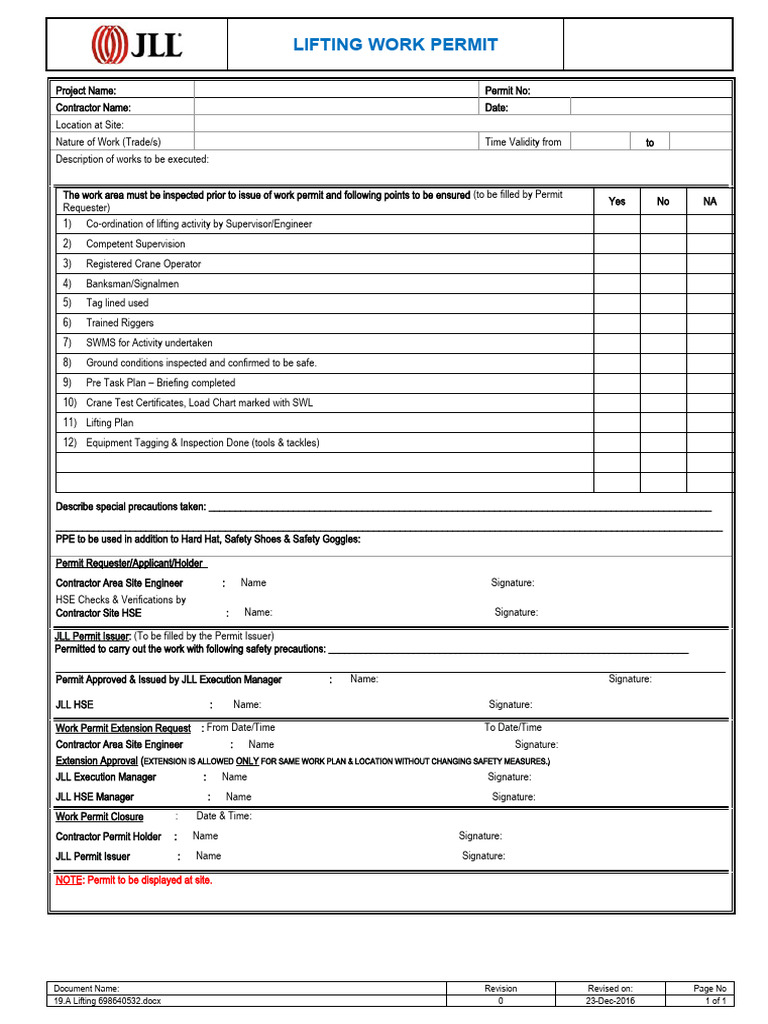 19.a Lifting Work Permit | PDF