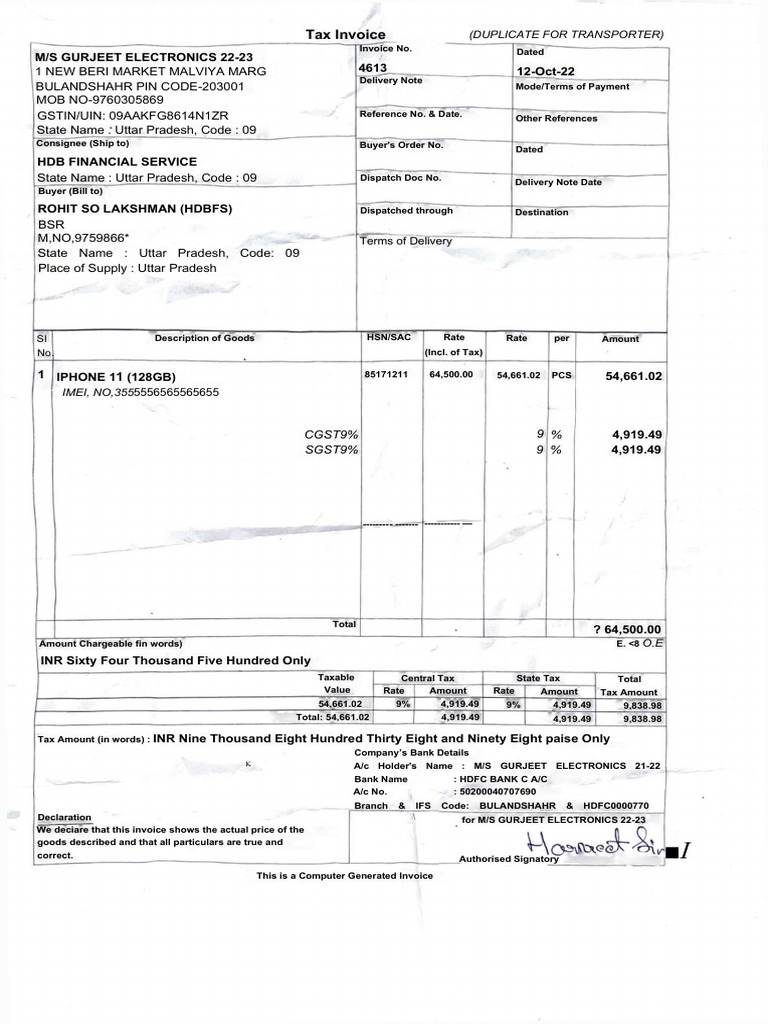 Tax Invoice: (Duplicate For Transporter) | PDF