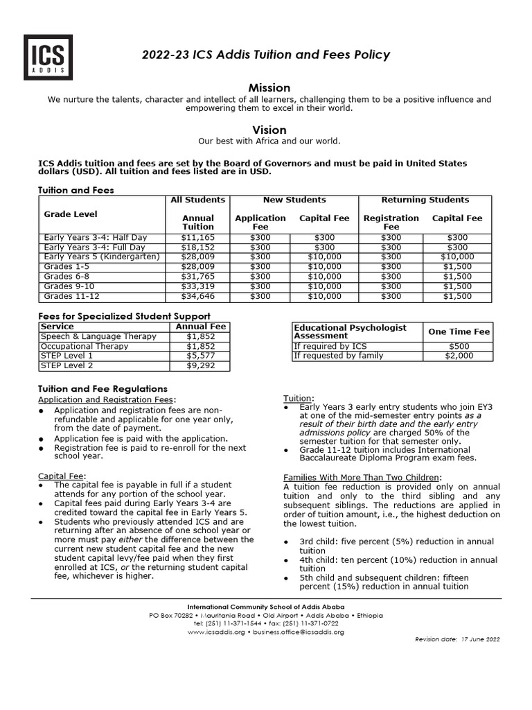 WEB ICS Addis 2022-23 Tuition and Fees Policy | PDF | Tuition Payments ...