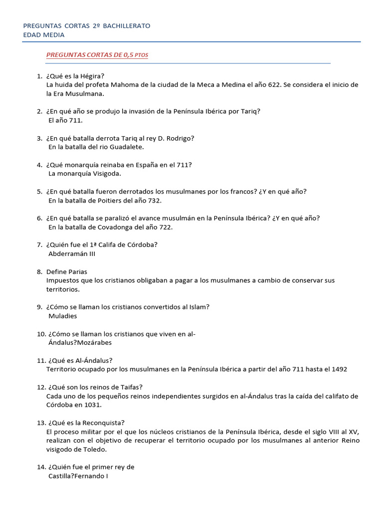 Preguntas sobre Al-Ándalus y la Reconquista | PDF | Al Andalus | Edades ...