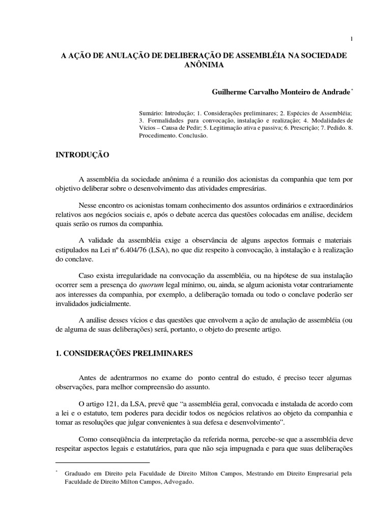 A Ação de Anulação de Deliberação de Assembléia Na Sociedade | PDF A Ação de Anulação de Deliberação de Assembléia Na Sociedade | PDF