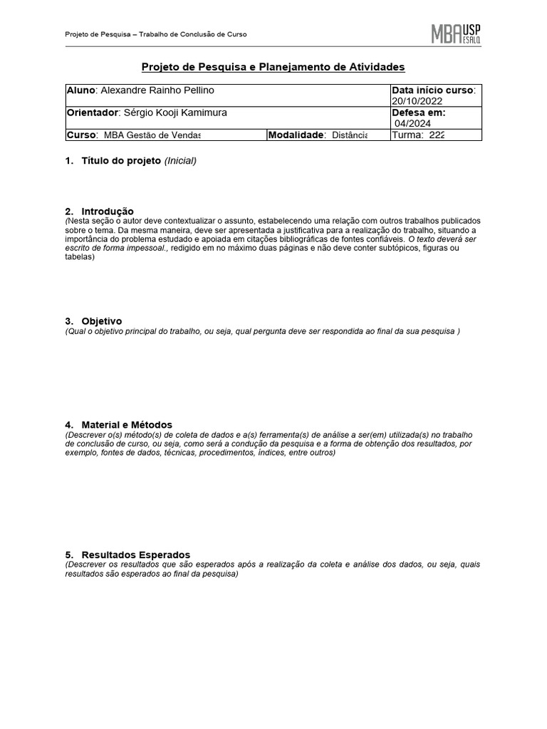 Template Projeto de Pesquisa - TCC - MBA USP ESALQ | PDF