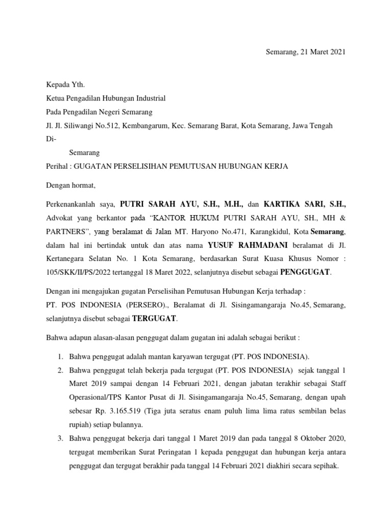 Gugatan PHK Yusuf Rahmadani ke PT POS | PDF