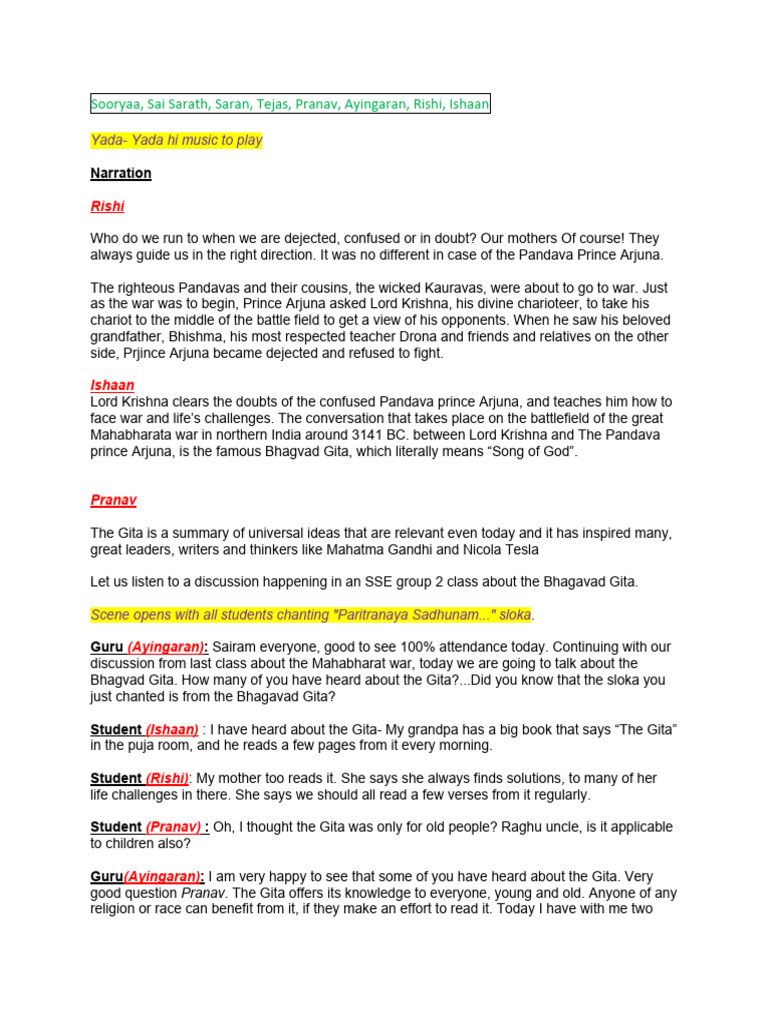 The Gita - Play Script - Role Allocation-Final | Download Free PDF | Bhagavad Gita | Hindu Mythology