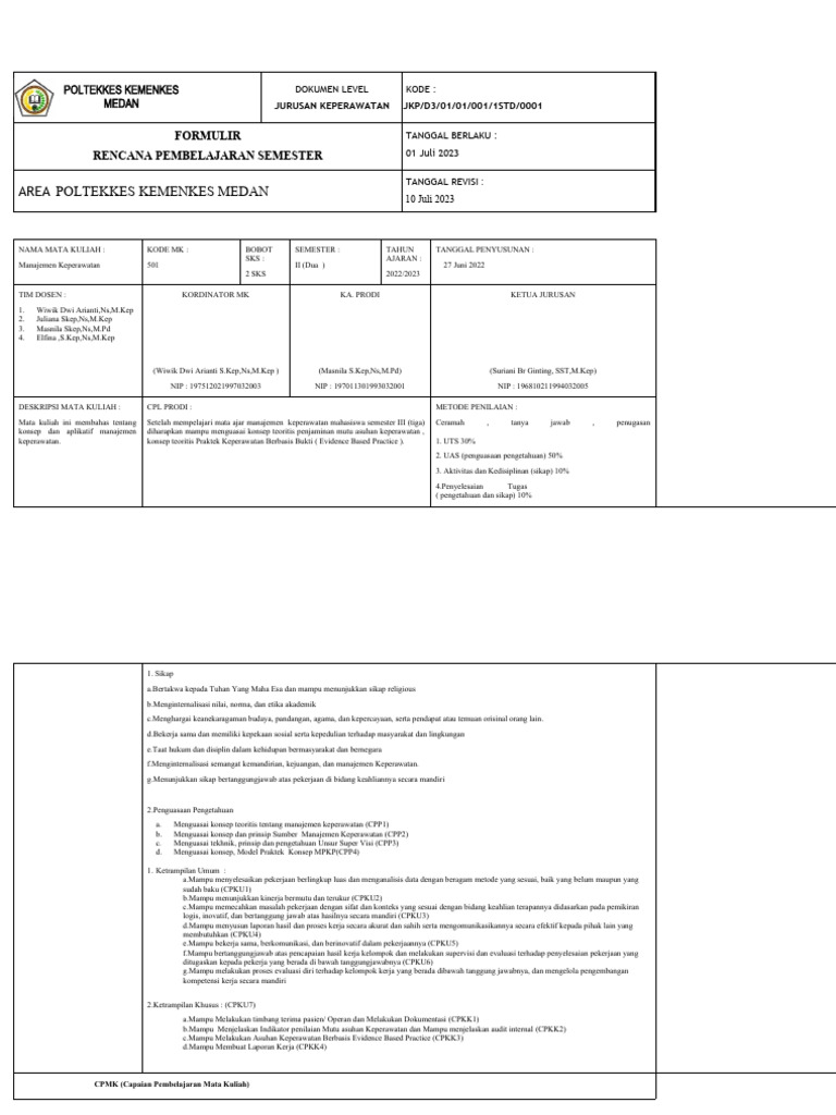 RPS Manajemen Kep D-III 2023 Benar | PDF