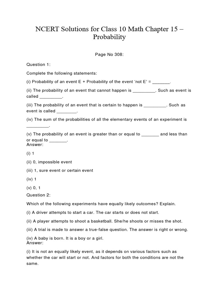 NCERT Solutions For Class 10 Math Chapter 15 | PDF | Probability ... NCERT Solutions For Class 10 Math Chapter 15 | PDF | Probability ...
