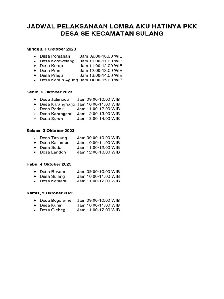 Jadwal Lomba PKK Sulang Oktober 2023 | PDF