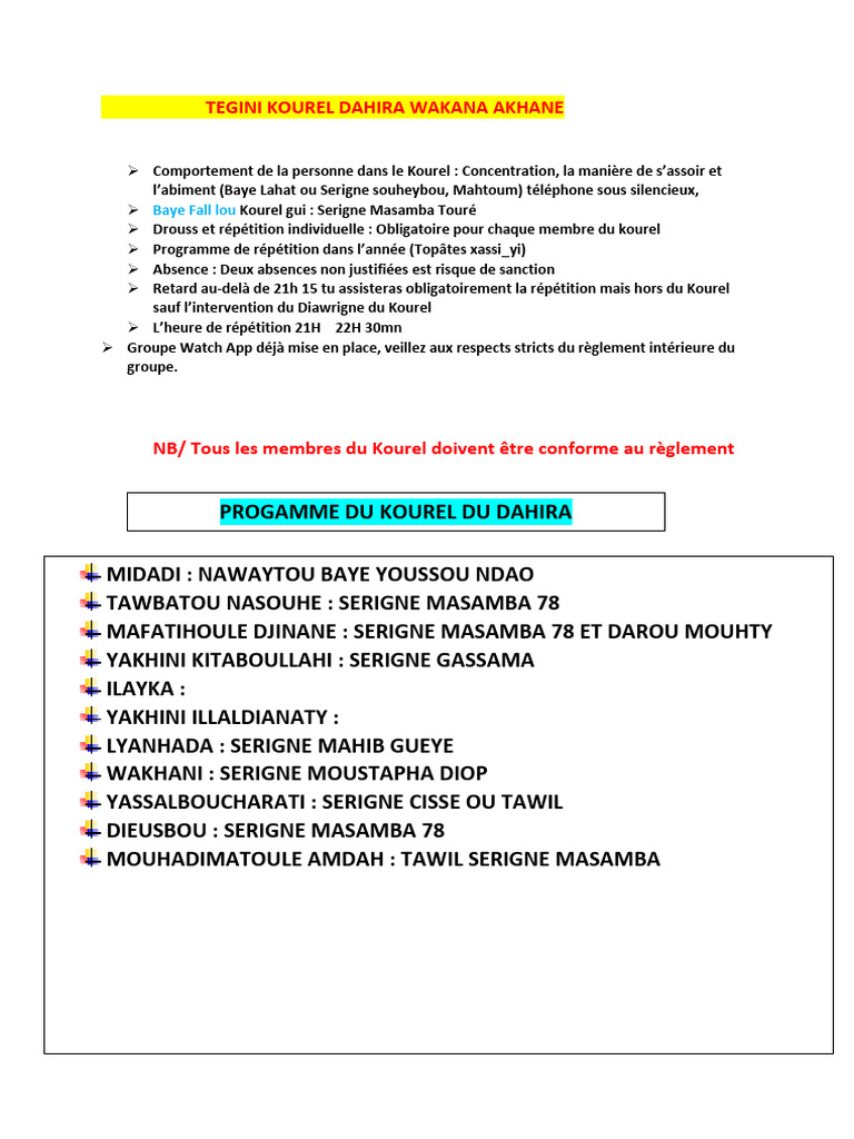 Reglement Kourel Dahira Wakana Akhane | PDF