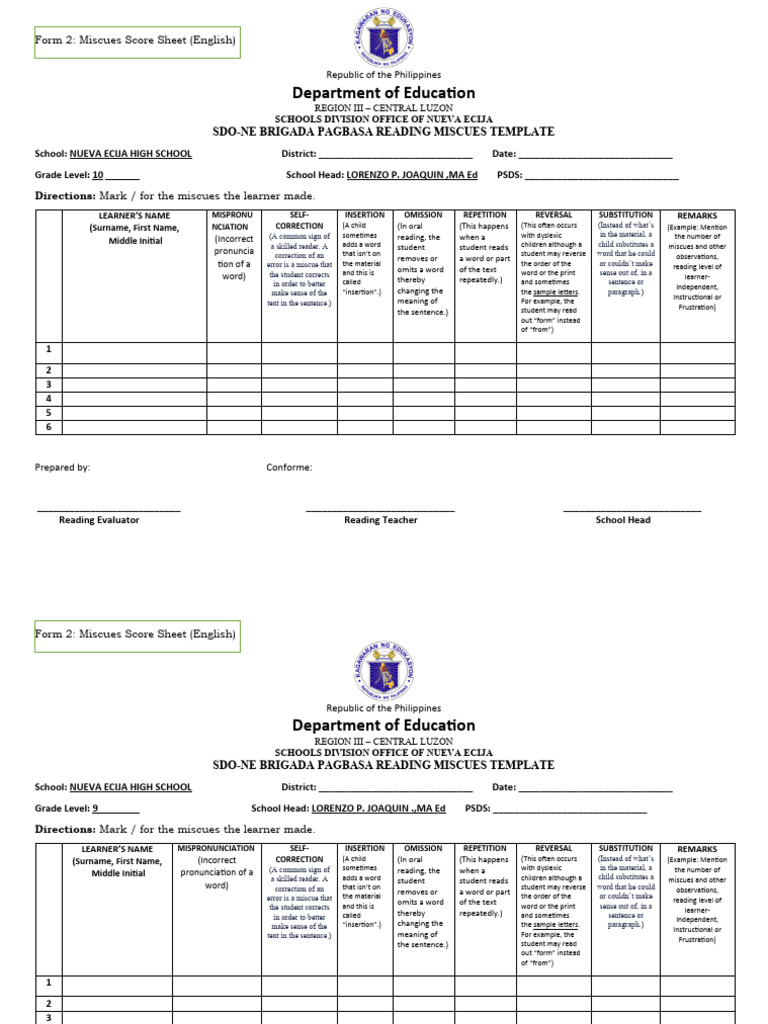FORM 2 Miscues in Reading Scoring Template 2 | PDF