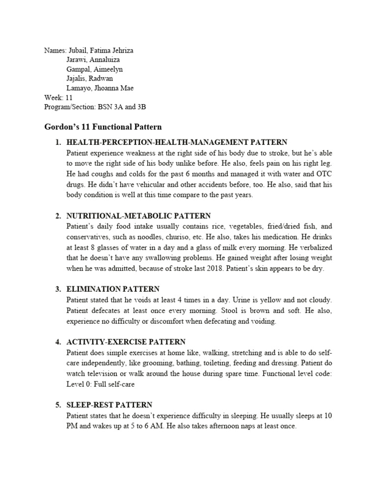 Gordon's 11 Functional Pattern | PDF | Stroke | Patient