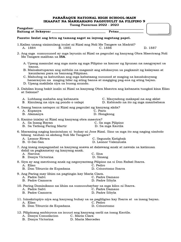 Ikaapat Na Markahang Pagsusulit Sa Filipino 9 | PDF