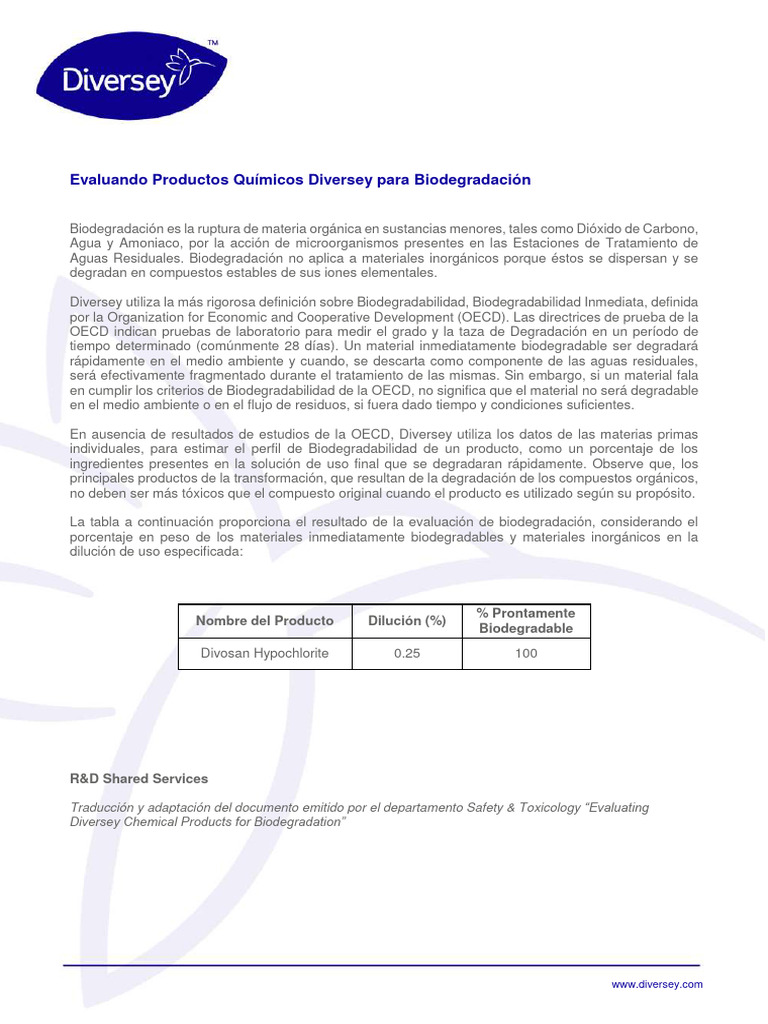 Divosan Hypochlorite - Carta de Biodegradabilidad - R005221 | PDF ...
