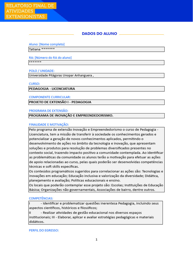 Tatiana Projeto Extensão I Pedagogia Pdf
