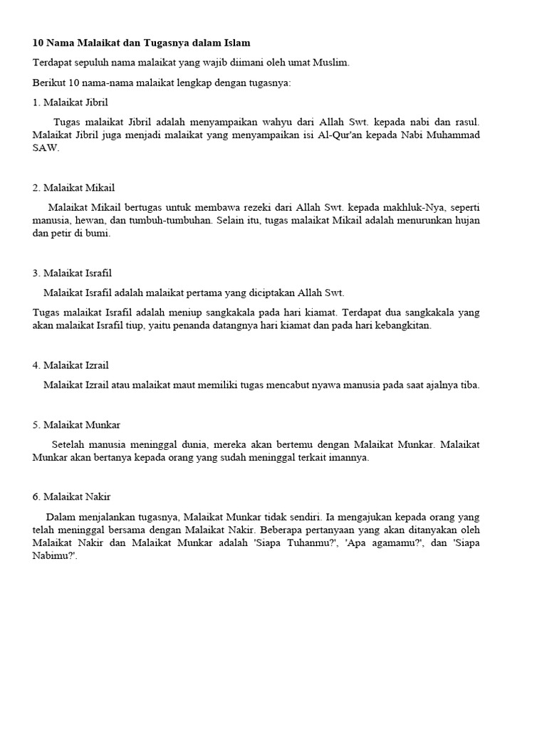10 Nama Malaikat Dan Tugasnya Dalam Islam | PDF