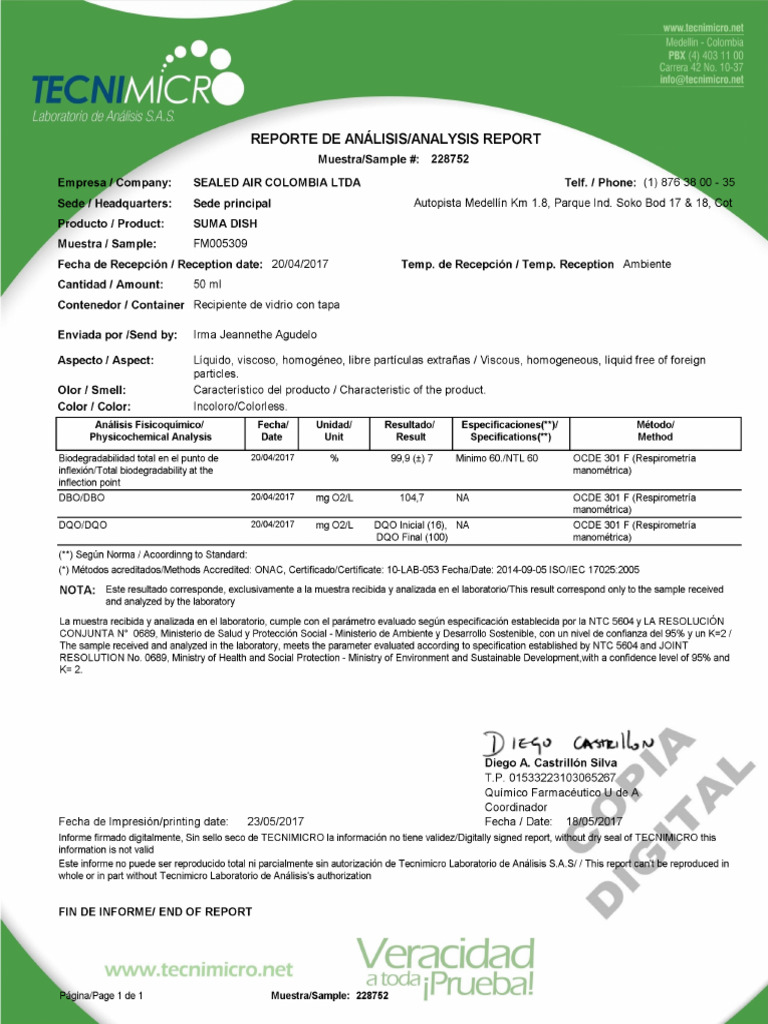 Reporte de Biodegradabilidad Suma Dish | PDF