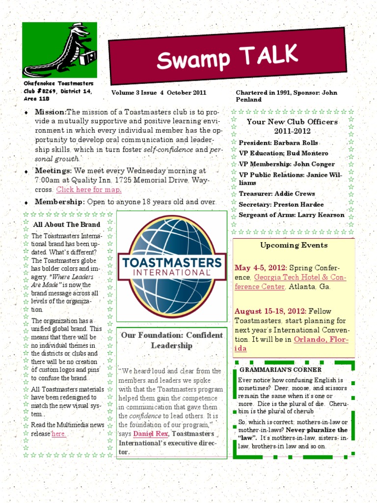 Swamp Talk - Okefenokee Toastmasters Club Newsletter | PDF | Public ...