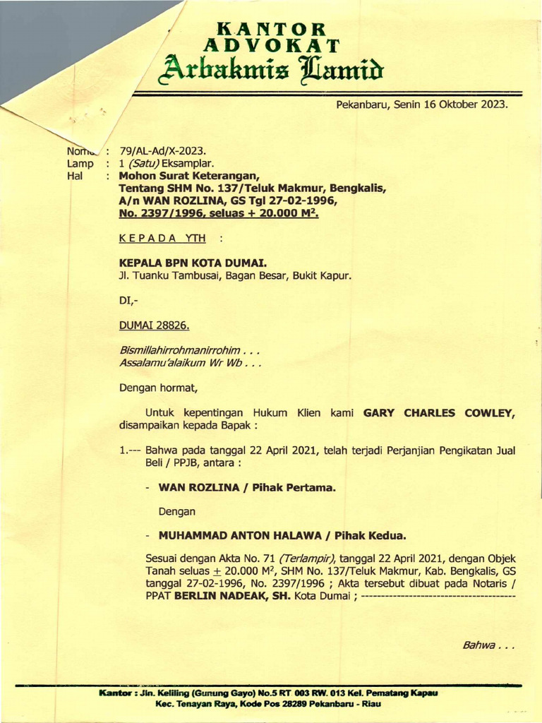 Advokat Arbakmis Lamid - Mohon Surat Keterangan | PDF