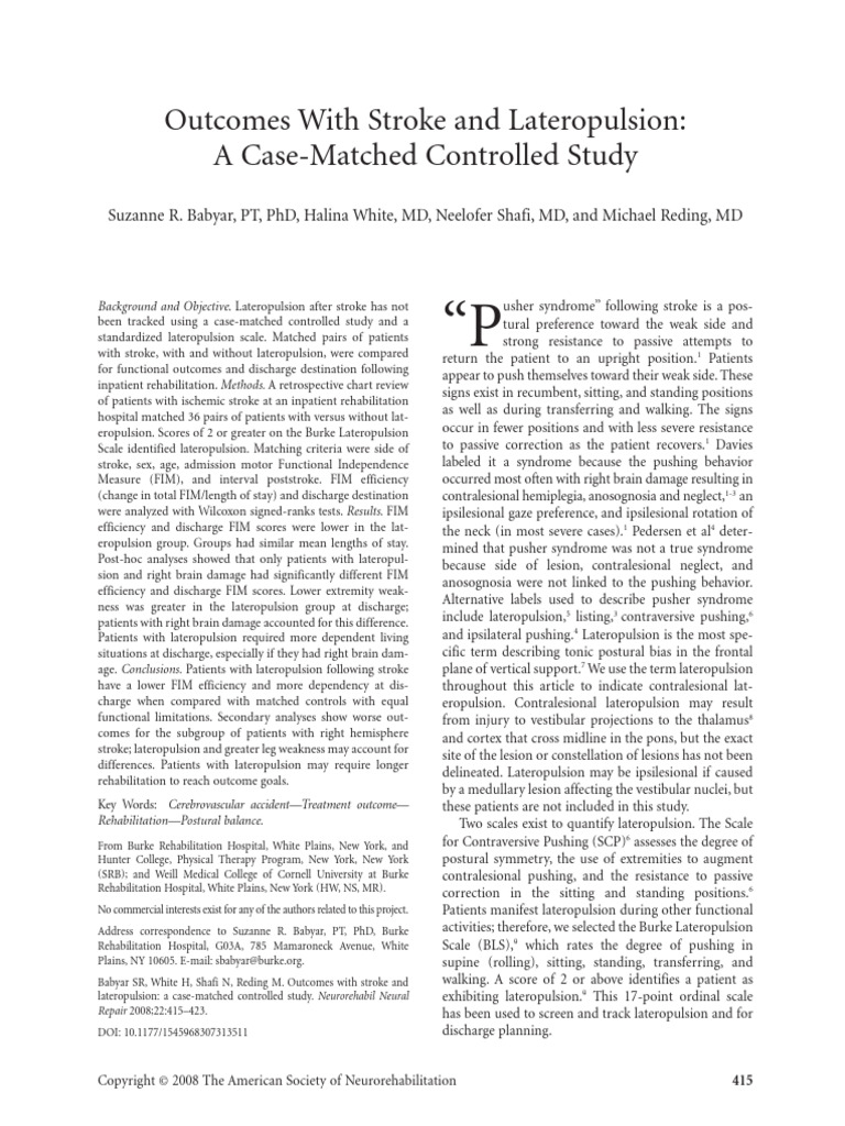 Outcomes With Stroke and Lateropulsion A Case Matched Controlled Study | PDF