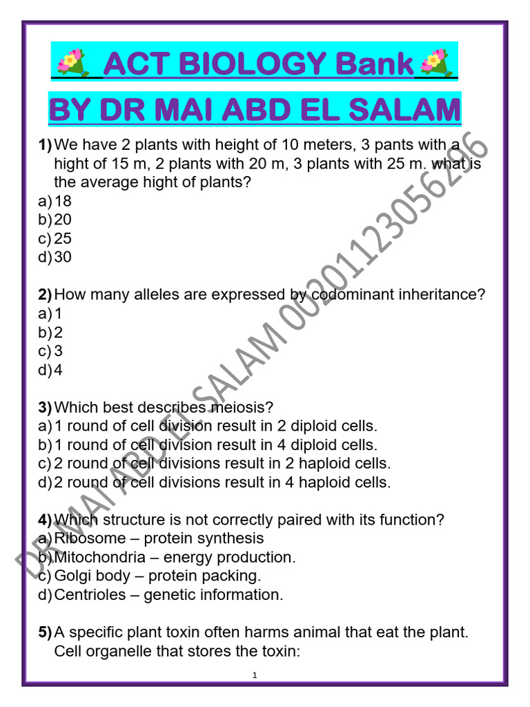Act Real Questions Edit11 by DR Mai Abd El Salam | PDF | Cell (Biology ...