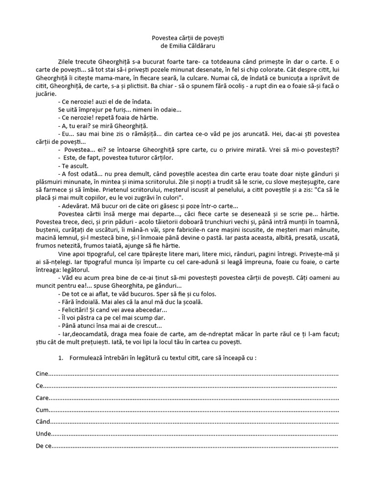 Povestea Cartii de Povesti Emilia Caldararu | PDF