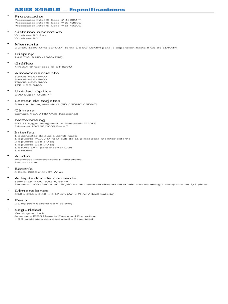 ASUS X450LD - Especificaciones | PDF | Informática