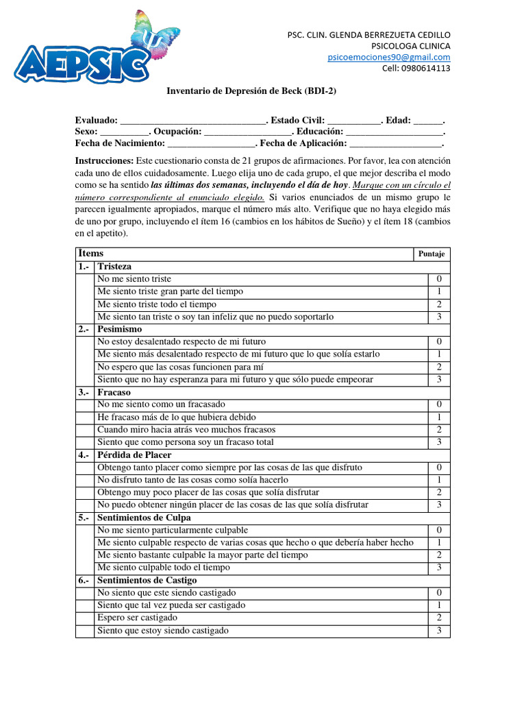 Inventario de Depresión de Beck (BDI- 2) | PDF