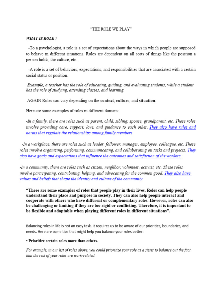 The Role We Play Comprehensive | PDF